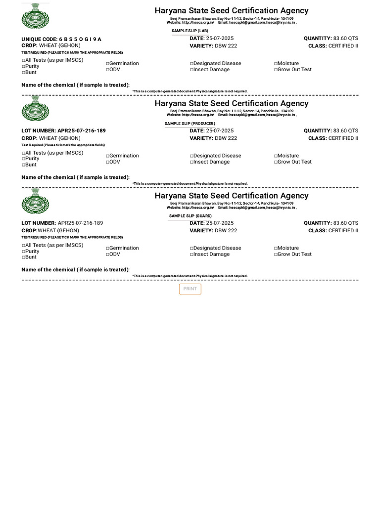 Haryana Seed Certification Sample Slip | PDF | Agronomy | Agriculture