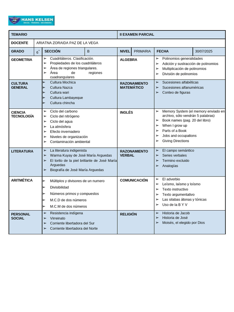 Temario Examen Parcial 6to | PDF | Teoría de los números | Aritmética