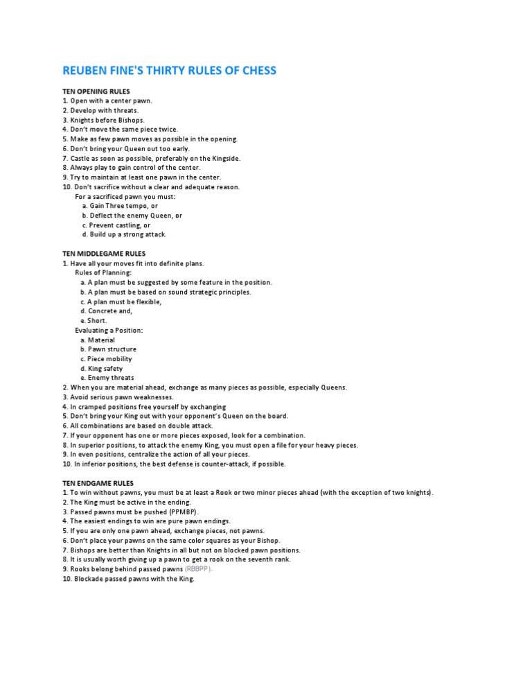Reuben Fine's Thirty Rules of Chess | PDF