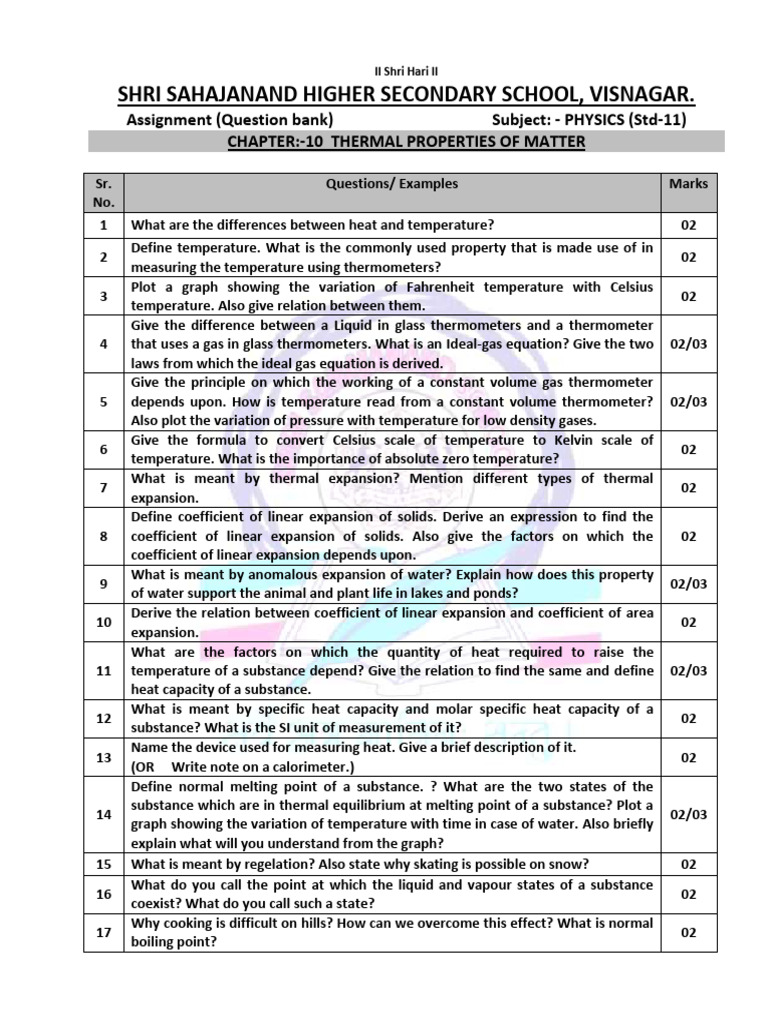 Physics Ch.-10 Assignment (Thermal Properties of Matter) | PDF | Thermal Expansion | Temperature