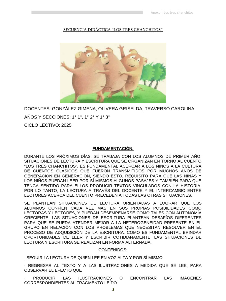 Secuencia Didáctica: Los Tres Chanchitos | PDF | Palabra | Escritura