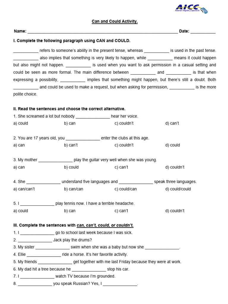 Can and Could Exercises Worksheet | PDF