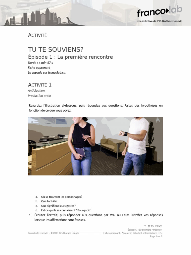 Activité sur la première rencontre en français | PDF