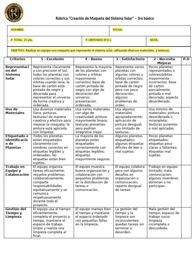 Rubrica 3ro Sistema Solar | PDF | Pinturas