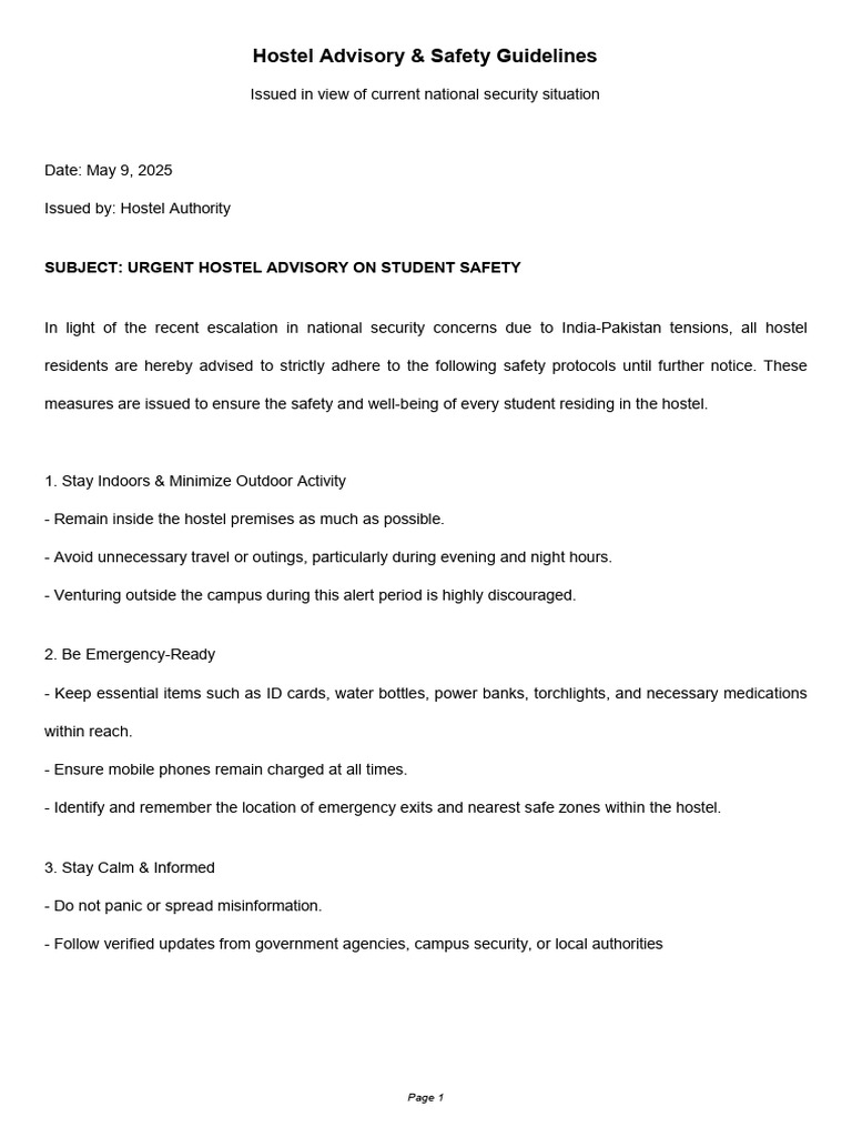 Hostel Safety Guidelines Amid Tensions | PDF