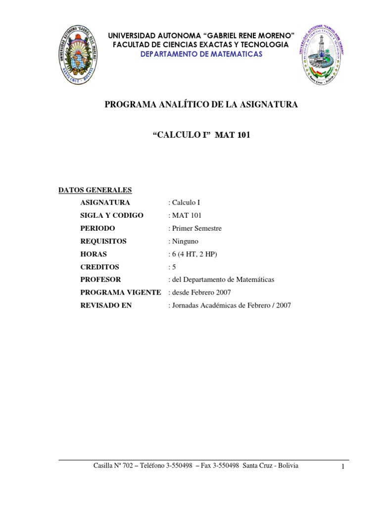 Programa Mat 101 Calculo Diferencial e Integral 1 | PDF | Derivado ...