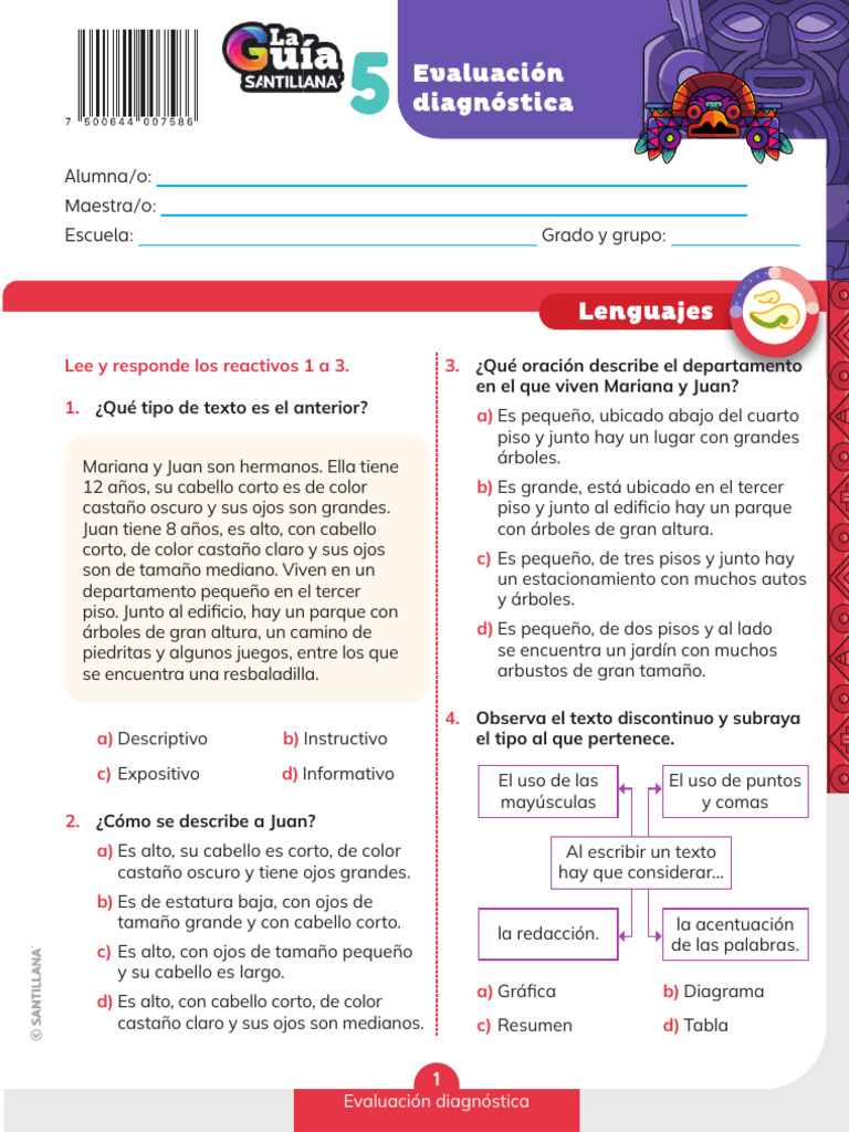 Examen Diagnóstico 5° Primaria 2025 | PDF | Sistema reproductivo | Agua