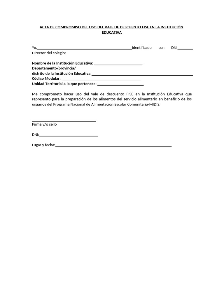 Acta de Compromiso-Vales Fise Ut Cusco | PDF
