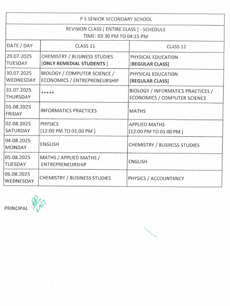 Class 11 &12 - Remedial Schedule | PDF