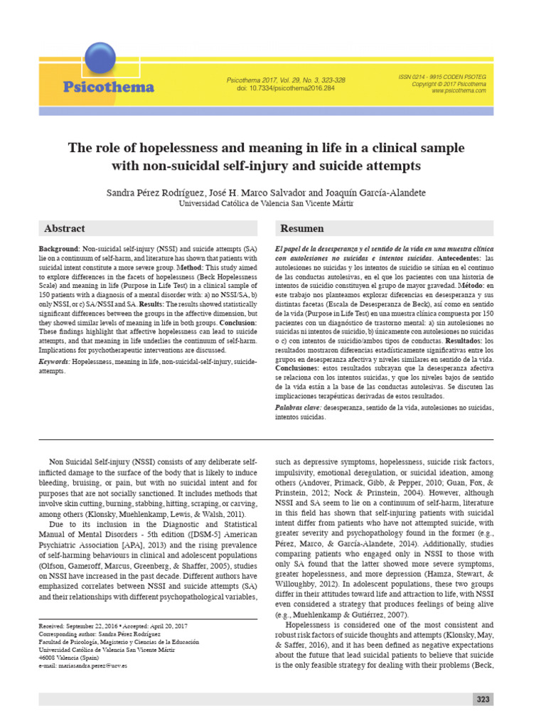 Hopelessness and Meaning in Life 2018 | PDF | Self Harm | Depression (Mood)