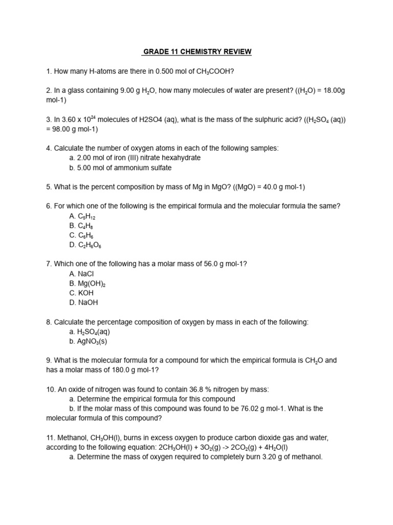 Grade 11 Chemistry Review Questions | PDF | Oxide | Chemical Reactions