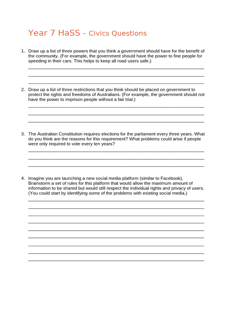 Year 7 Civics and Constitution Questions | PDF | Governance ...