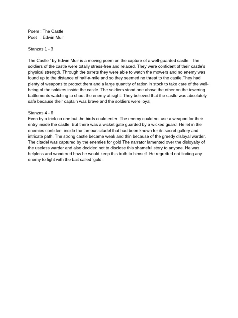 The Castle - Stanza Wise Summary | PDF
