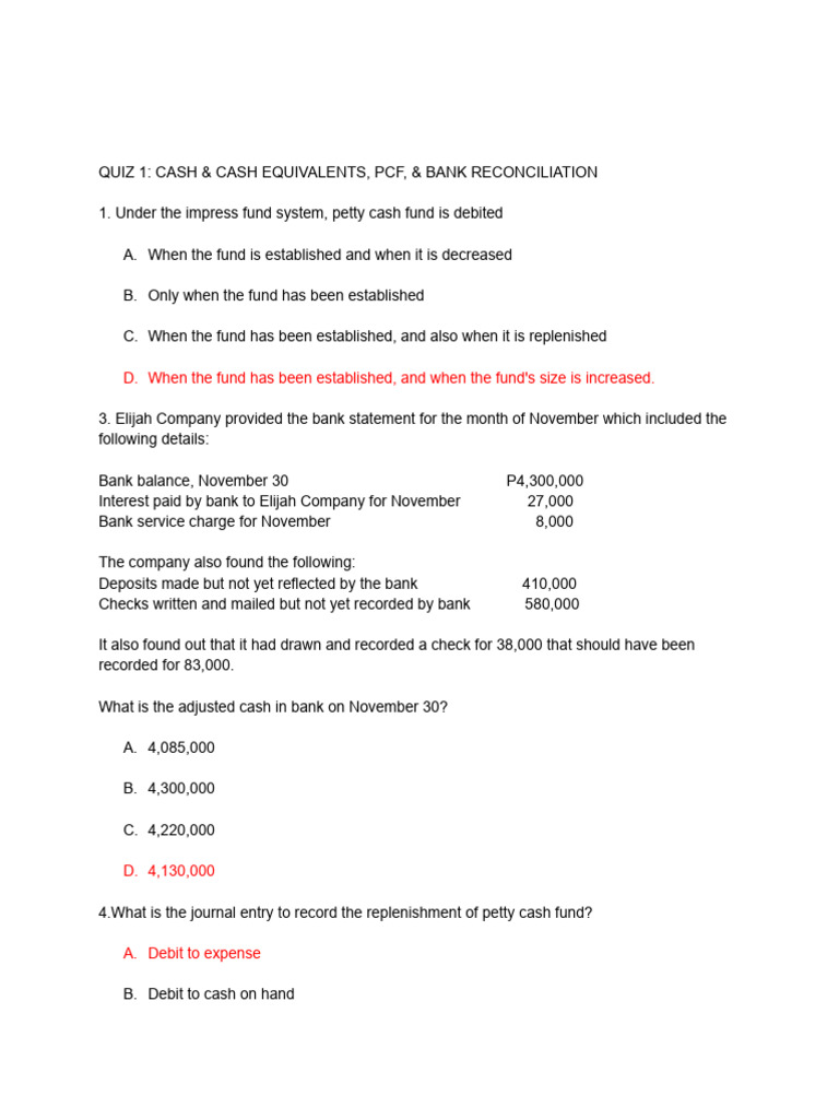 Cash Management Quiz: Bank Reconciliation | PDF | Debits And Credits ...