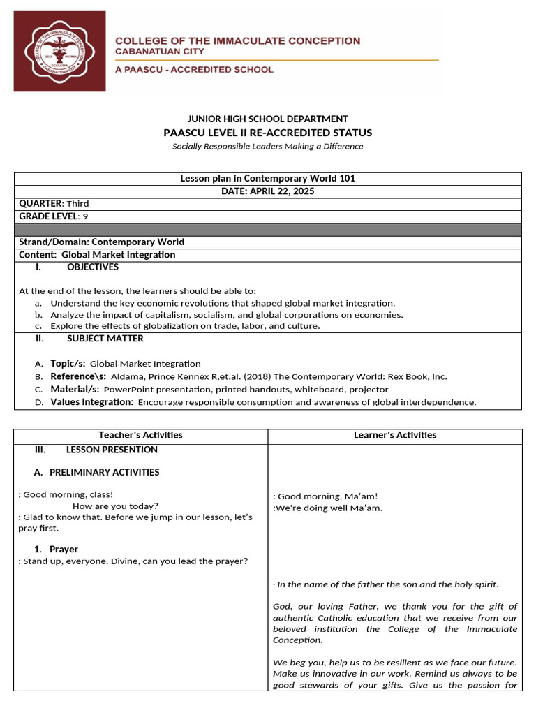 Lesson Plan in SOC 1 | PDF | Capitalism | Labour Economics