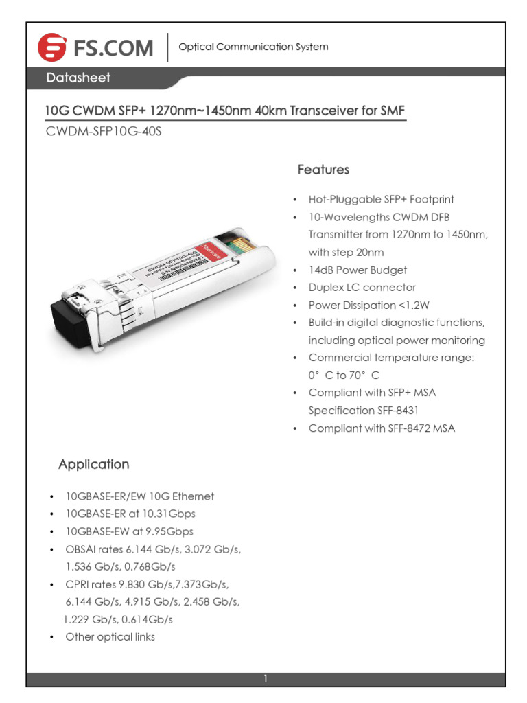 CWDM SFP Plus 1270nm 1450nm 40km Transceiver Datasheet | PDF | Electrical Equipment ...