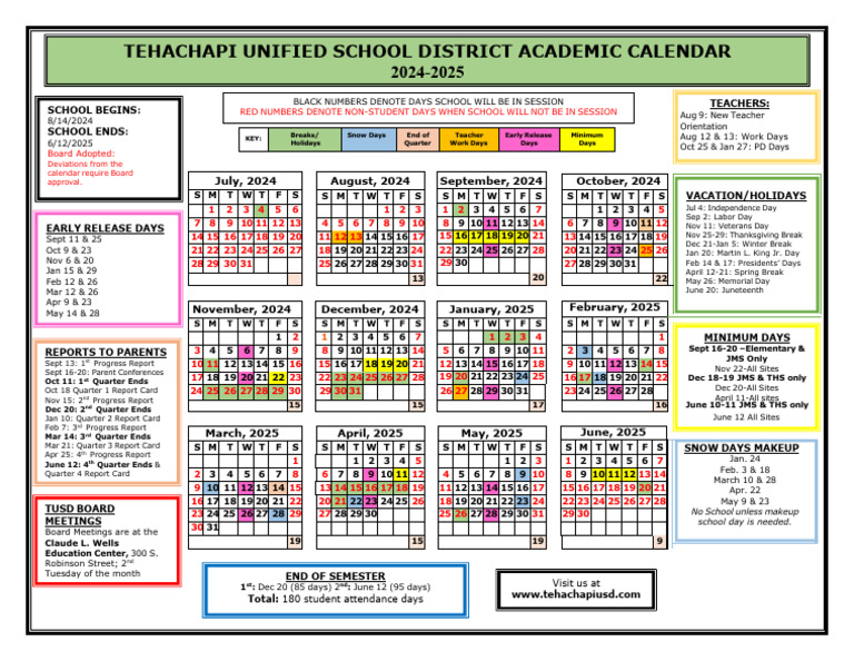 Tehachapi USD Academic Calendar 2024-25 | PDF | Observances | Public ...