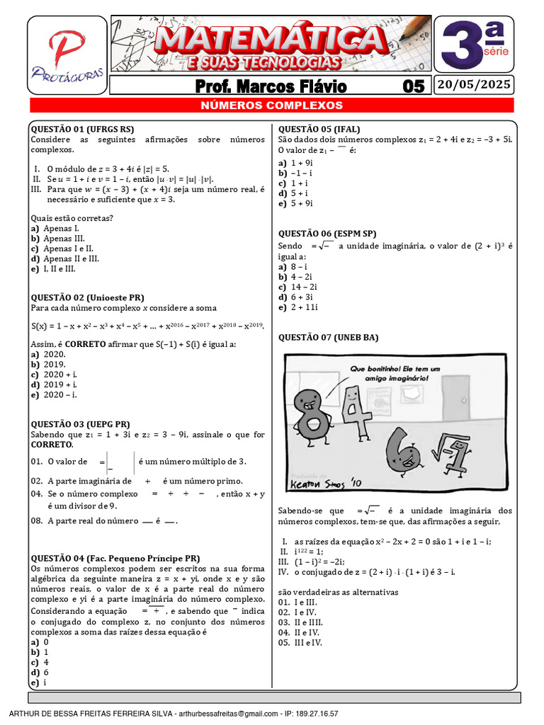 Lista 05 para 20-05-25 - 3 Série - Matemática - Marcos Flávio - NÚMEROS COMPLEXOS | PDF | Número ...