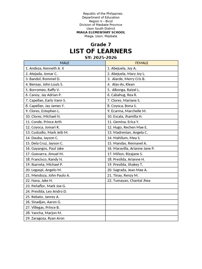 Grade 7 List of Learners | PDF