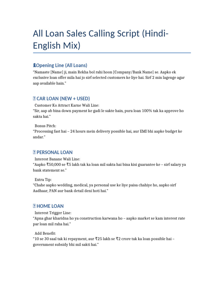 Loan Sales Calling Script in Hindi | PDF