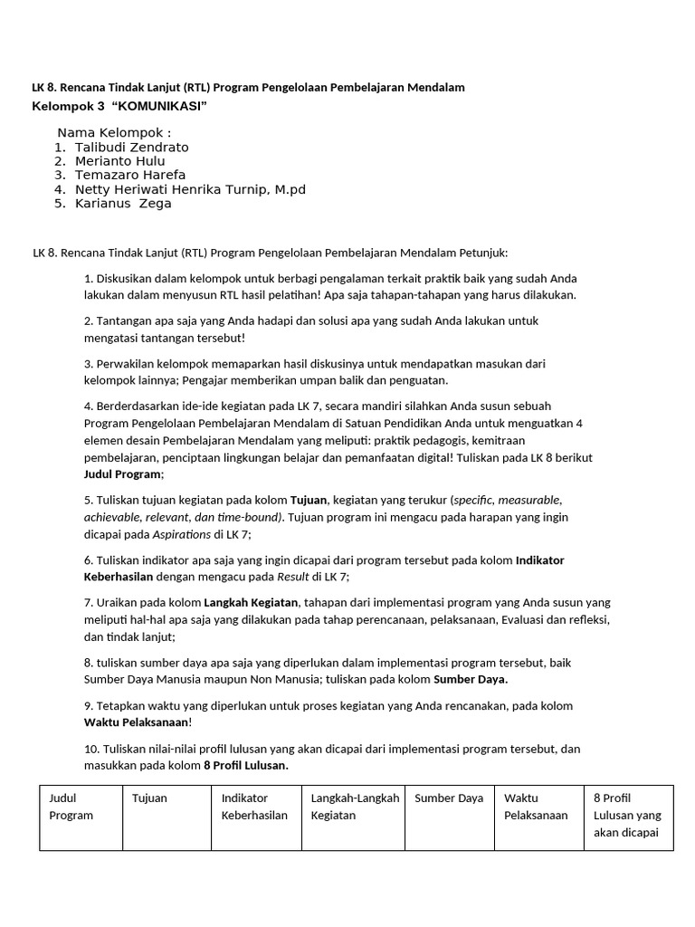 IN1-4-G-3 - LK 8. Rencana Tindak Lanjut (RTL) Program Pengelolaan Pembelajaran Mendalam | PDF