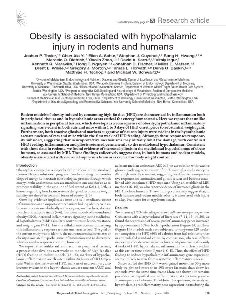 Obesity Associated With Hypothalamic Injury in Rodents and Humans | PDF ...