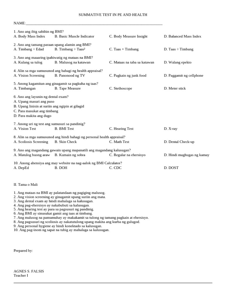 Summ - Test Pe & Health 4 q1 w4 | PDF