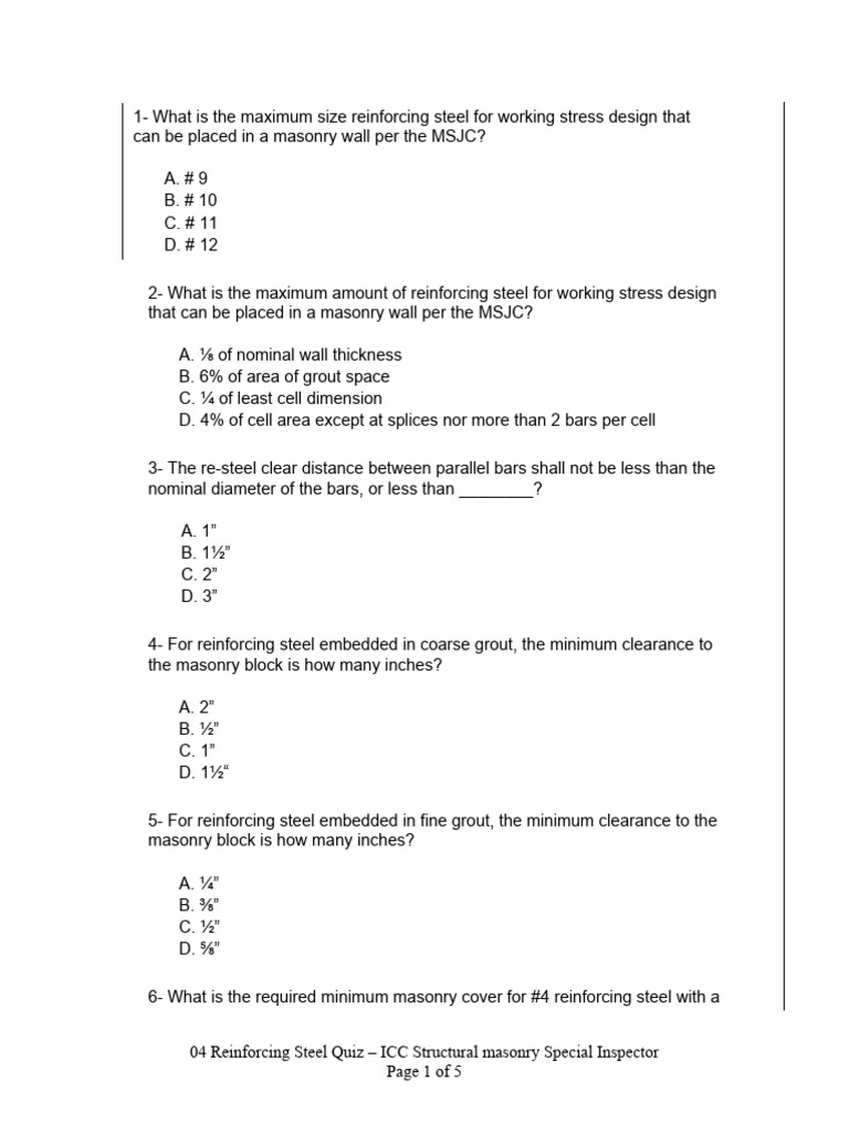 Reinforcing Steel Quiz for Inspectors | PDF | Building Engineering ...