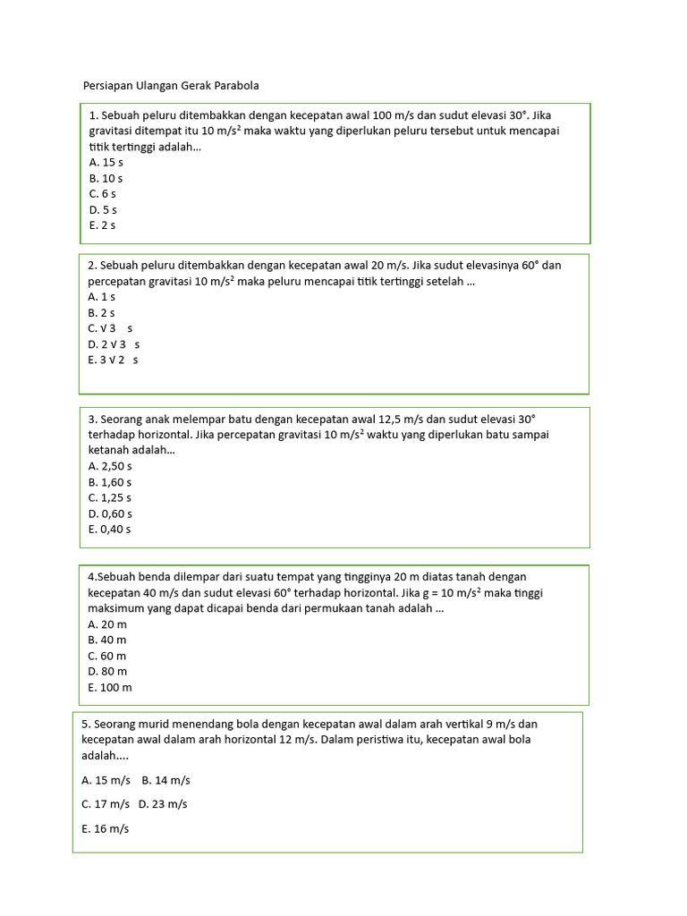 Kartu Soal Persiapan Ulangan Parabola | PDF