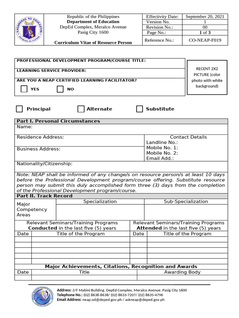 NEAP CV For Resource Speakers | PDF