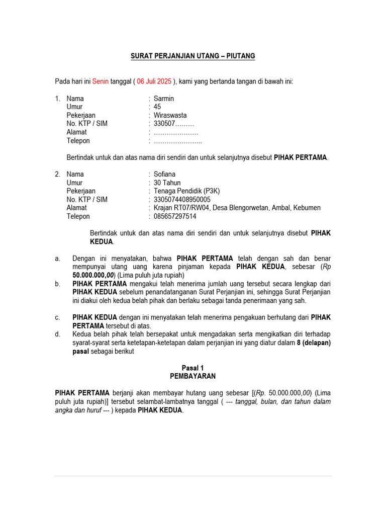 Surat Perjanjian Utang Piutang 2025 | PDF