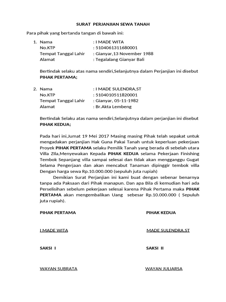 Surat Perjanjian Sewa Tanah | PDF