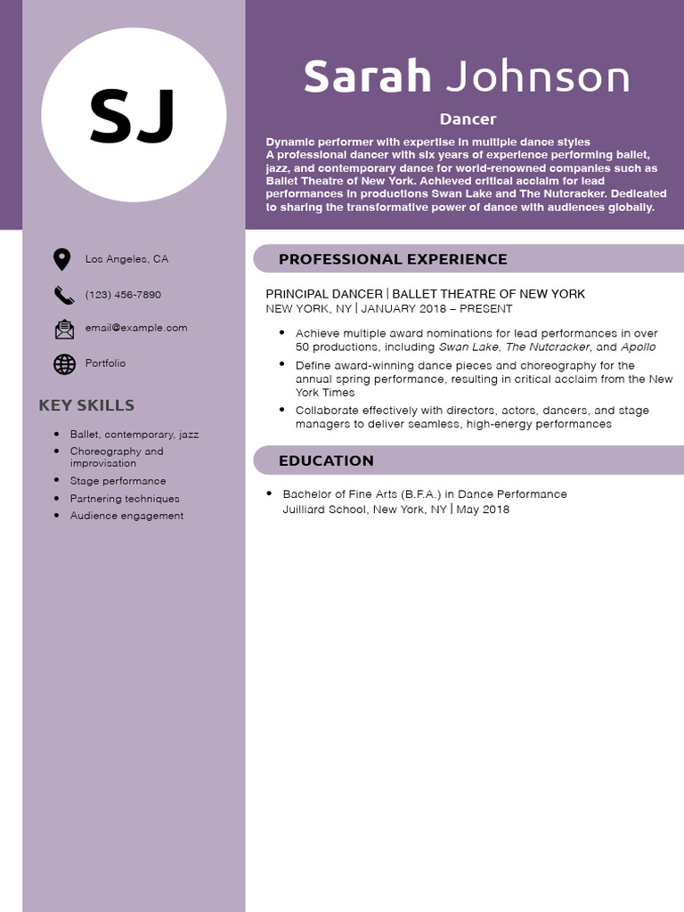 Professional Dancer Resume Example | PDF
