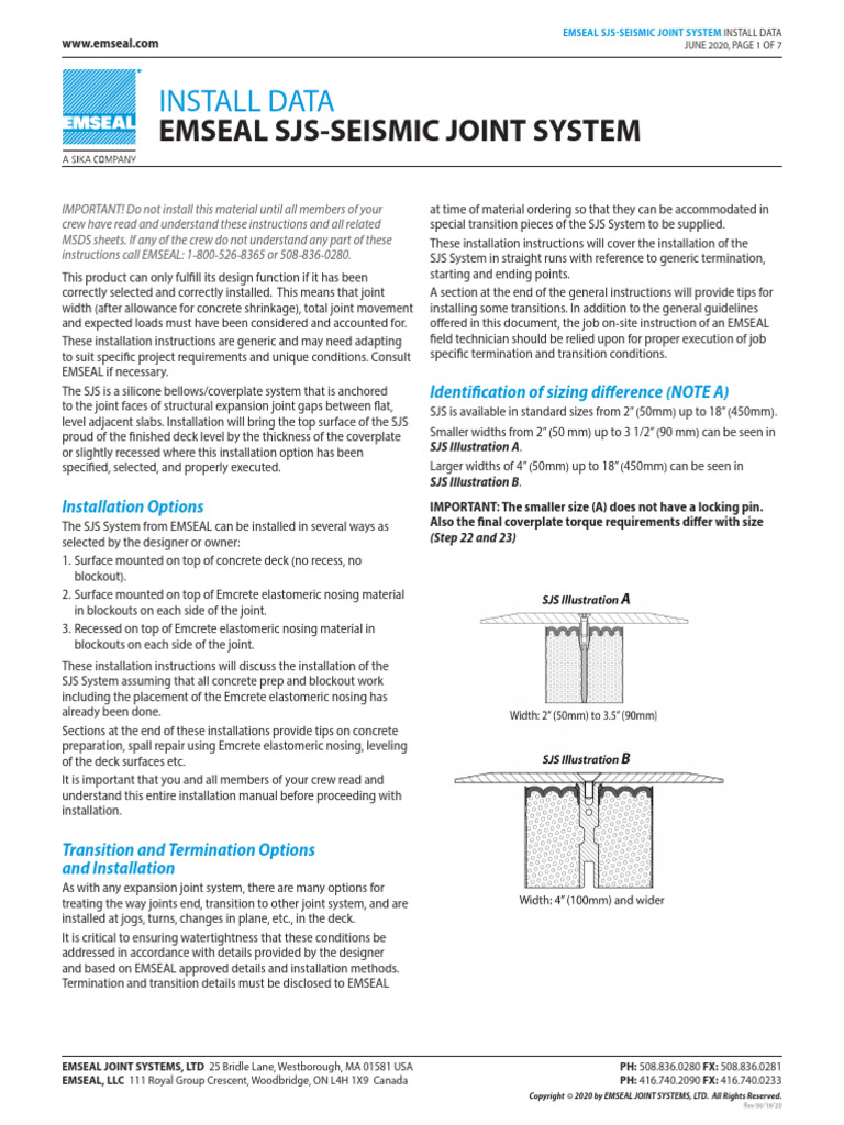 EMSEAL SJS Seismic Joint Installation Guide | PDF | Screw | Silicone