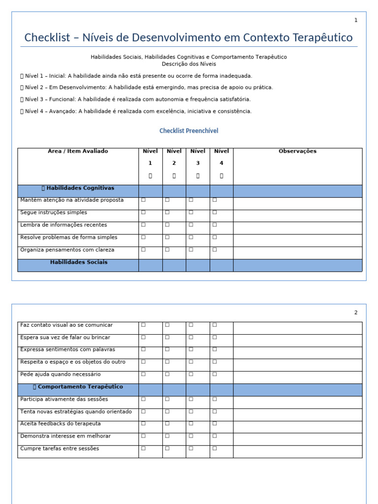 Checklist_Terapia_Habilidades_Sociais_Cognitivas_Comportamento | PDF