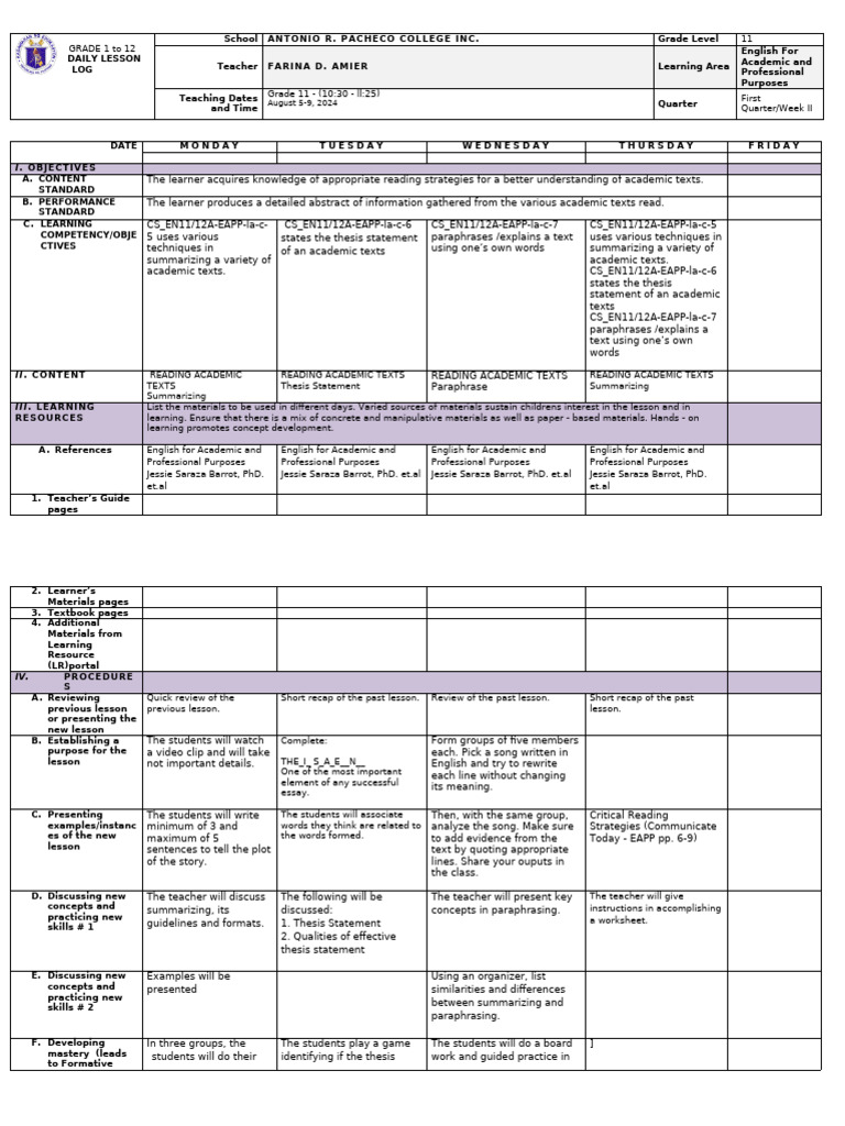 Grade 11 English Lesson Plan: Summarizing | PDF | Learning | Teachers