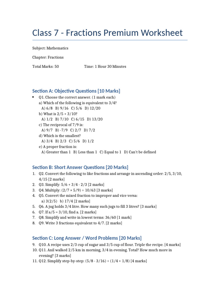 Class7 Fractions Worksheet RS Aggarwal | PDF