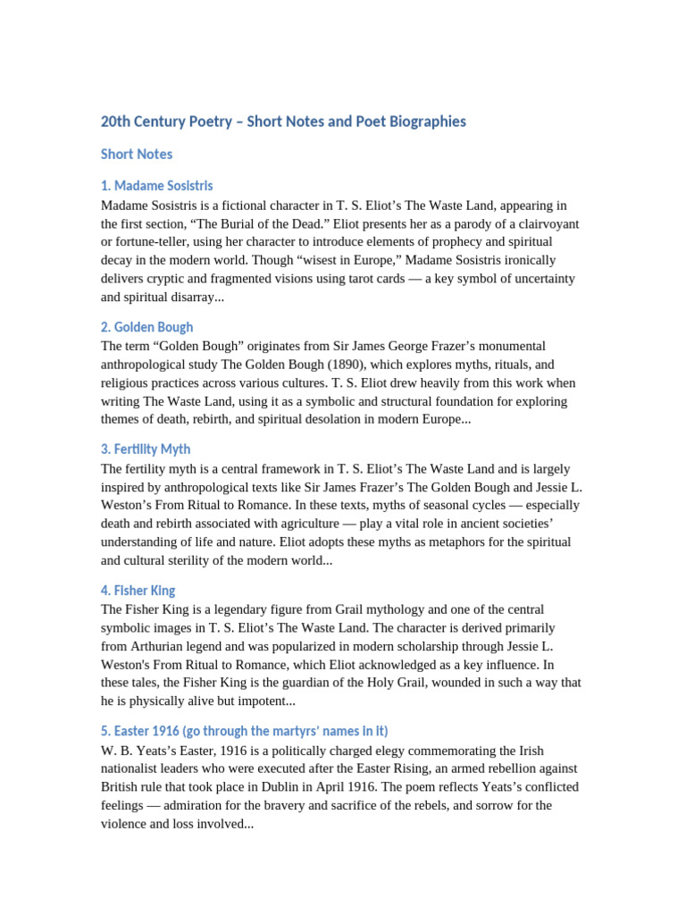 20th Century Poetry Notes and Biographies | PDF | W. B. Yeats | Irish ...