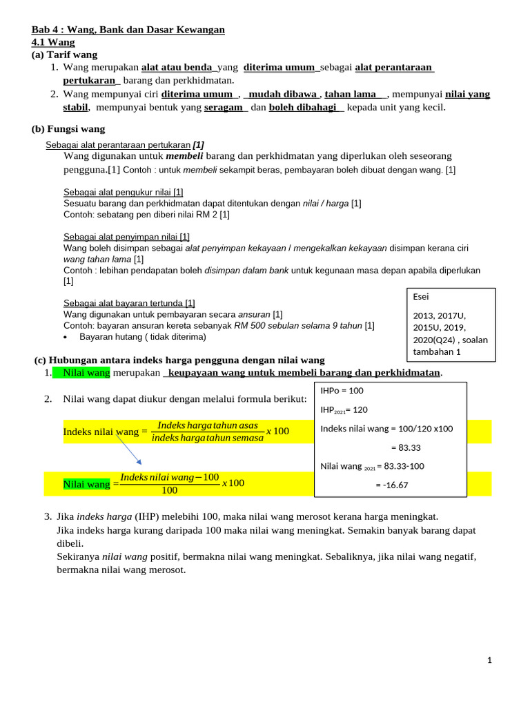 Nota MA Bab 4 - Wang, Bank Dan Dasar Kewangan DGN JWP | PDF