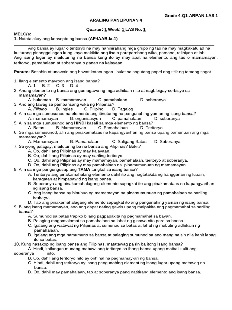 Grade 4 q1 Arpan Las 1 | PDF