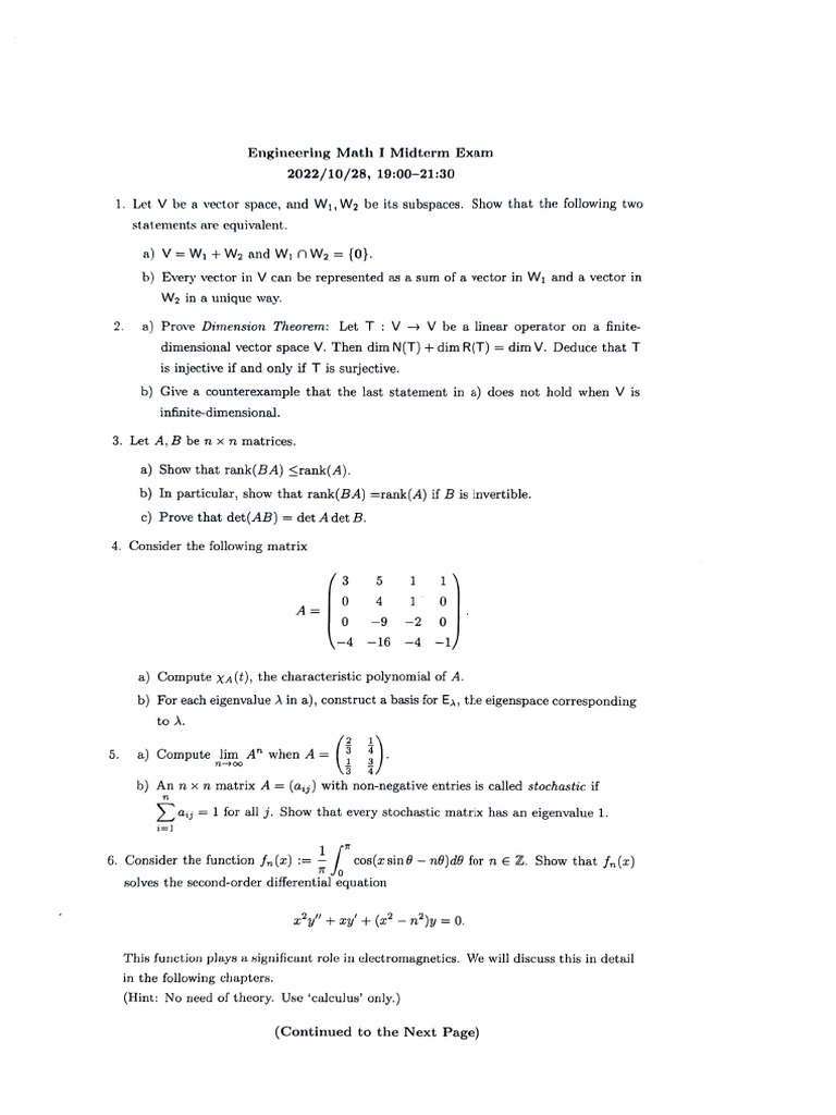 공학수학12022 2이영민교수님 중간 | PDF | Eigenvalues And Eigenvectors | Vector Space