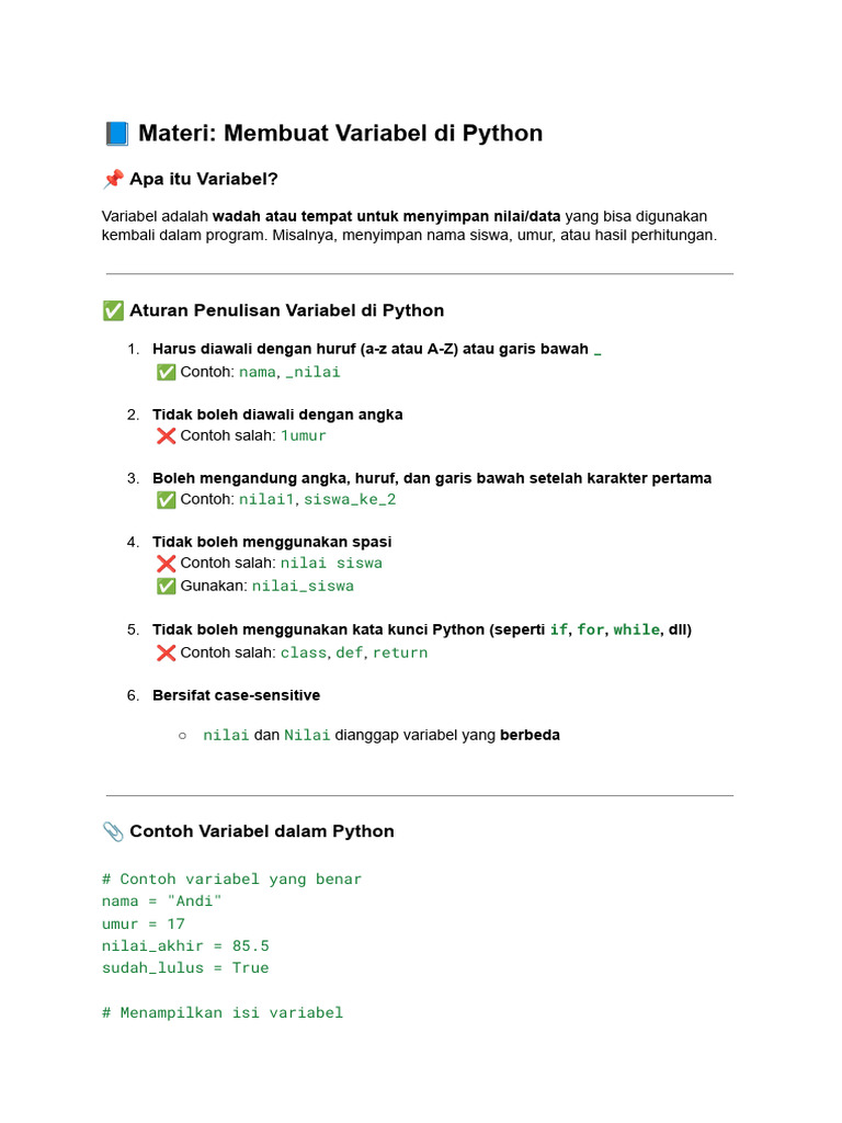 02 ? Materi - Membuat Variabel Di Python | PDF