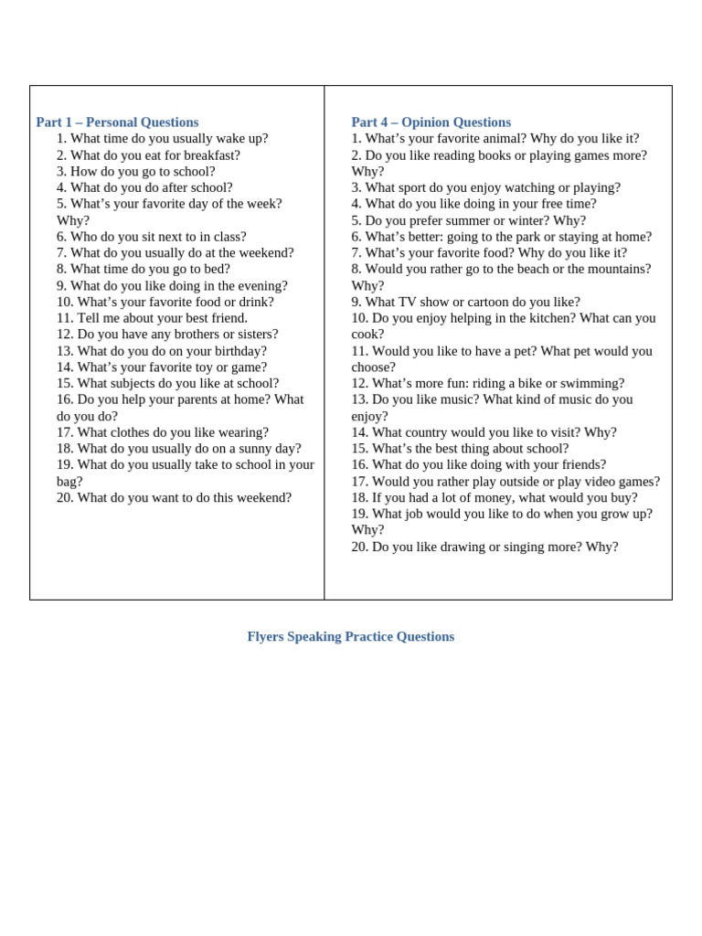 Flyers Speaking Practice Questions | PDF | Chess Openings | Chess