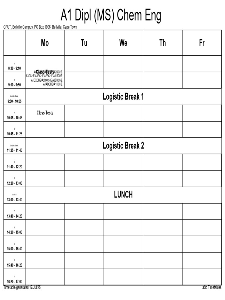 CPUT Chemical Engineering Timetable 2025 | PDF