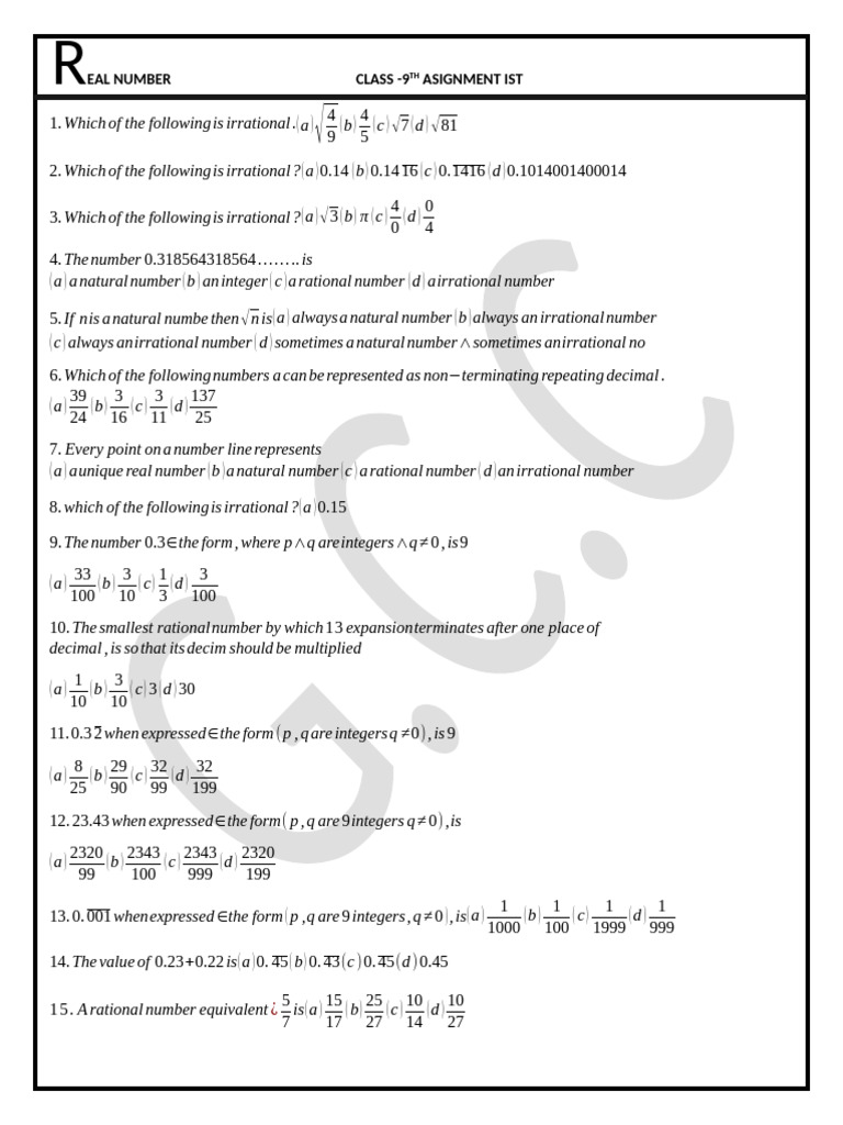 Eal Number Class - 9 Asignment Ist | PDF | Numbers | Square Root