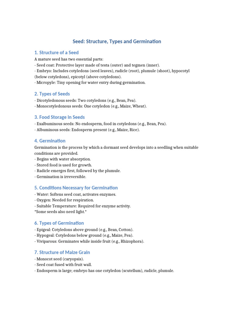 Seed Structure Types Germination Notes ICSE | PDF
