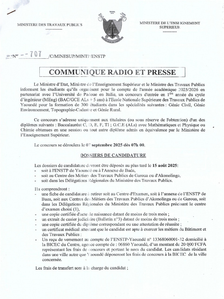 Concours ENSTP 2025 2026 Cycle Dingenieur MEng | PDF