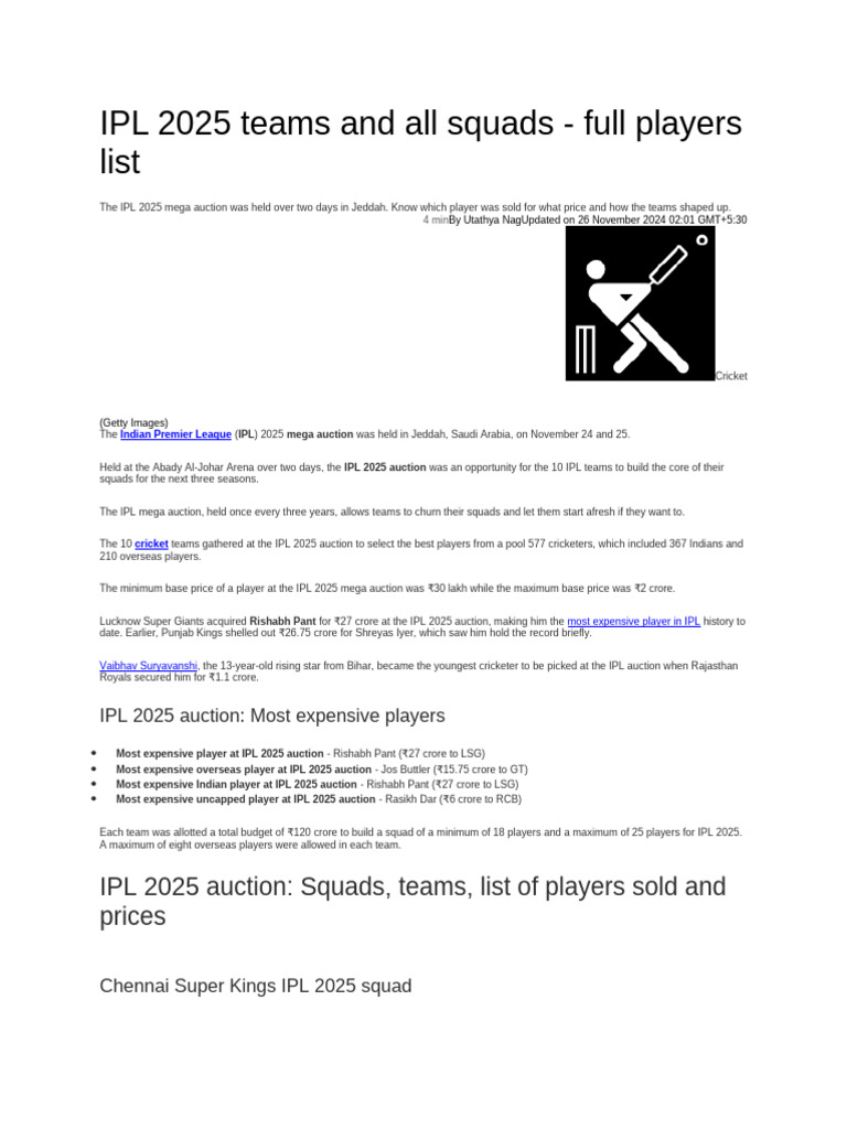 IPL 2025 Teams and All Squads | PDF | Team Sports | Cricket Competitions