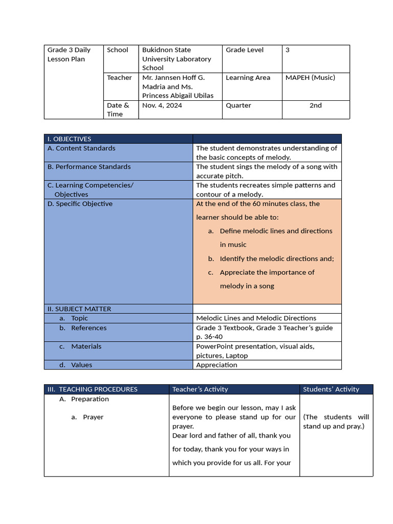 Grade 3 Music Lesson: Melodic Patterns | PDF | Rhythm | Lesson Plan