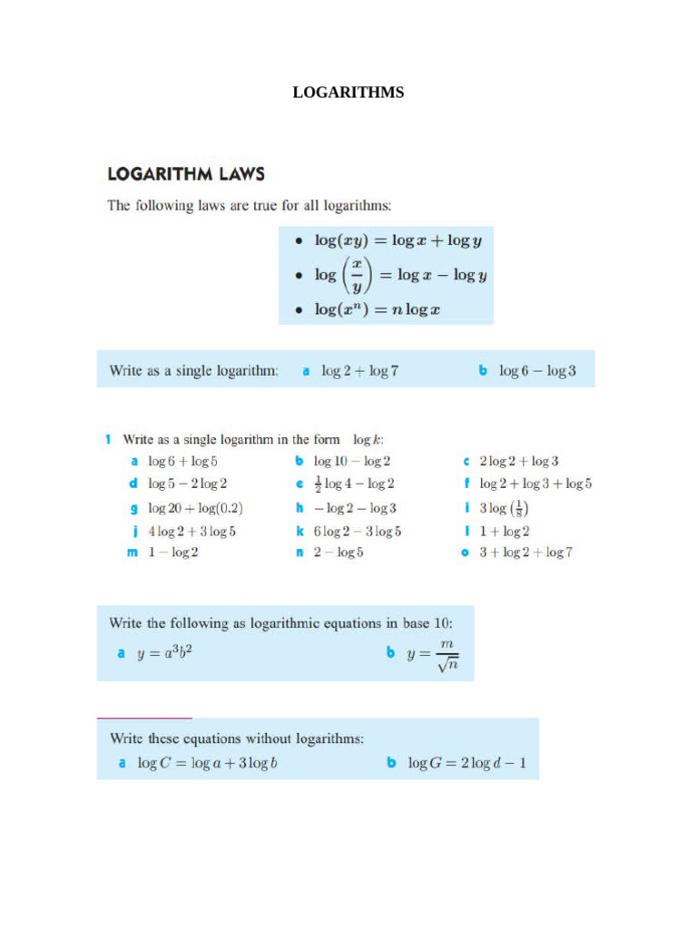 LOGARITHMS Exercises | PDF